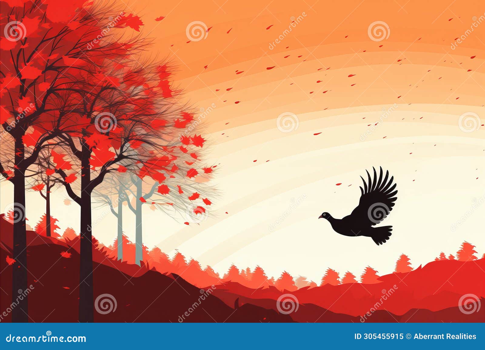 An Illustration of a Bird Flying Over a Forest with Red Trees Stock ...