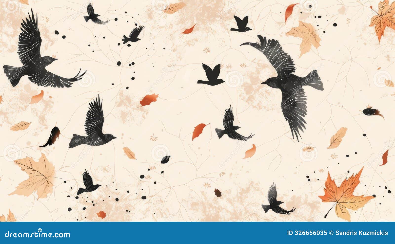 Illustration of Birds Flying Over the Ground with Leaves Falling ...