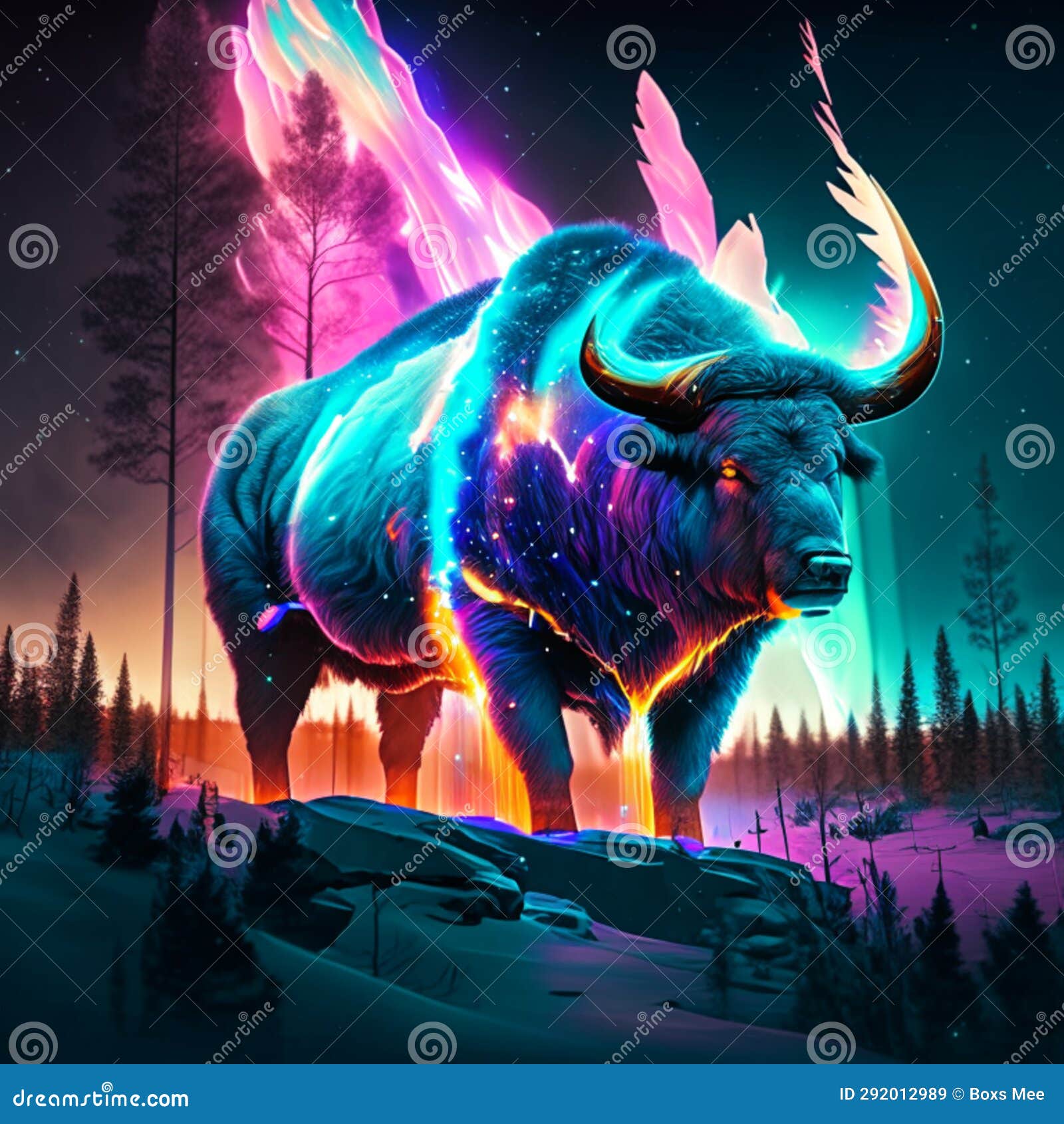 Illustration of a Bison in the Forest at Night. 3d Rendering Generative ...