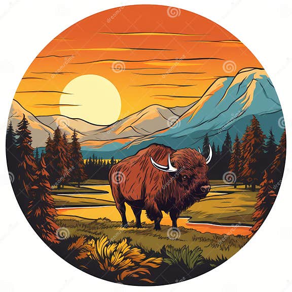 An Illustration of a Bison in the Mountains at Sunset Stock Illustration - Illustration of ...