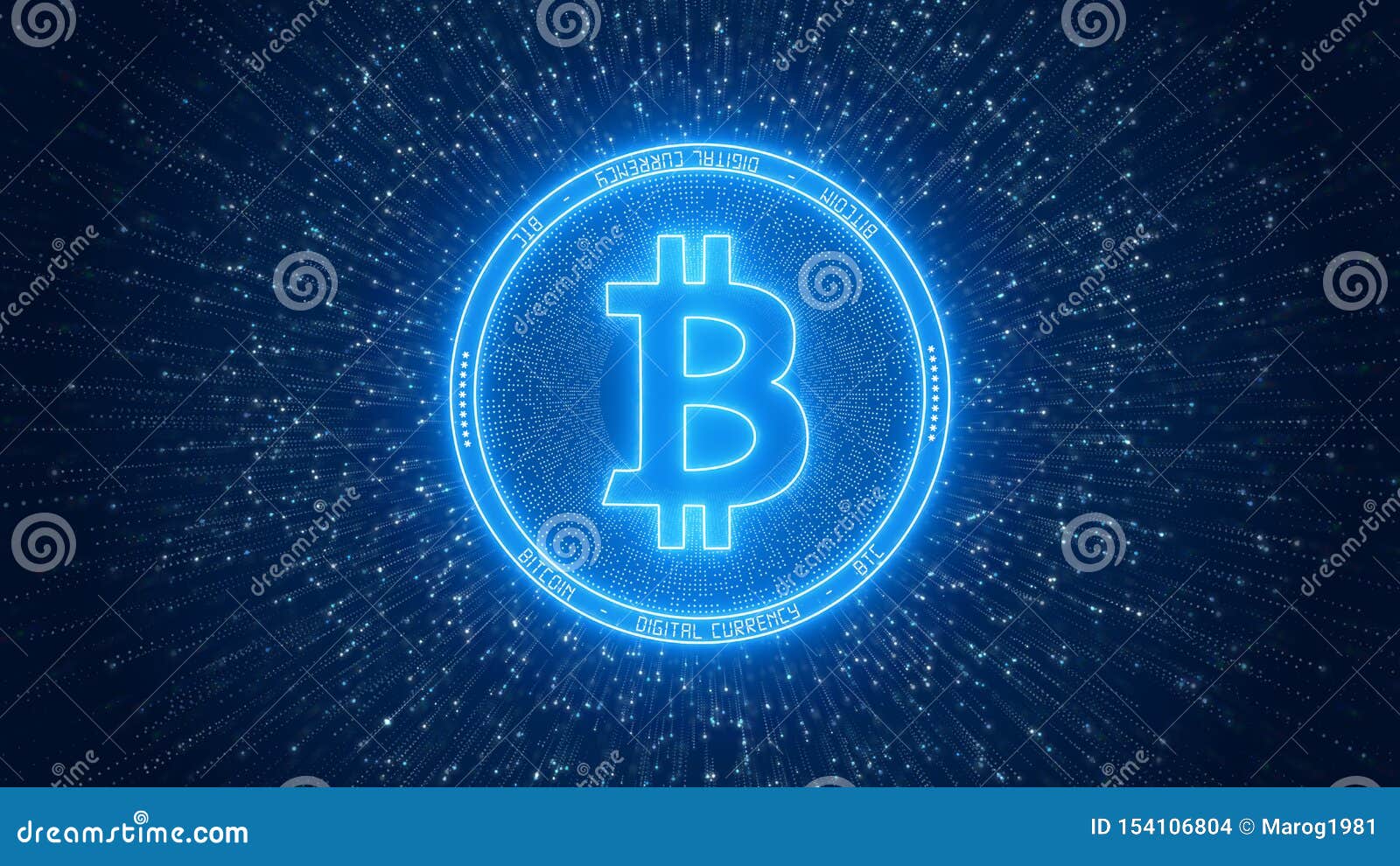 Illustration of a Bitcoin in Glowing Blue on a Particle Background ... Illustration of a Bitcoin in Glowing Blue on a Particle Background ...