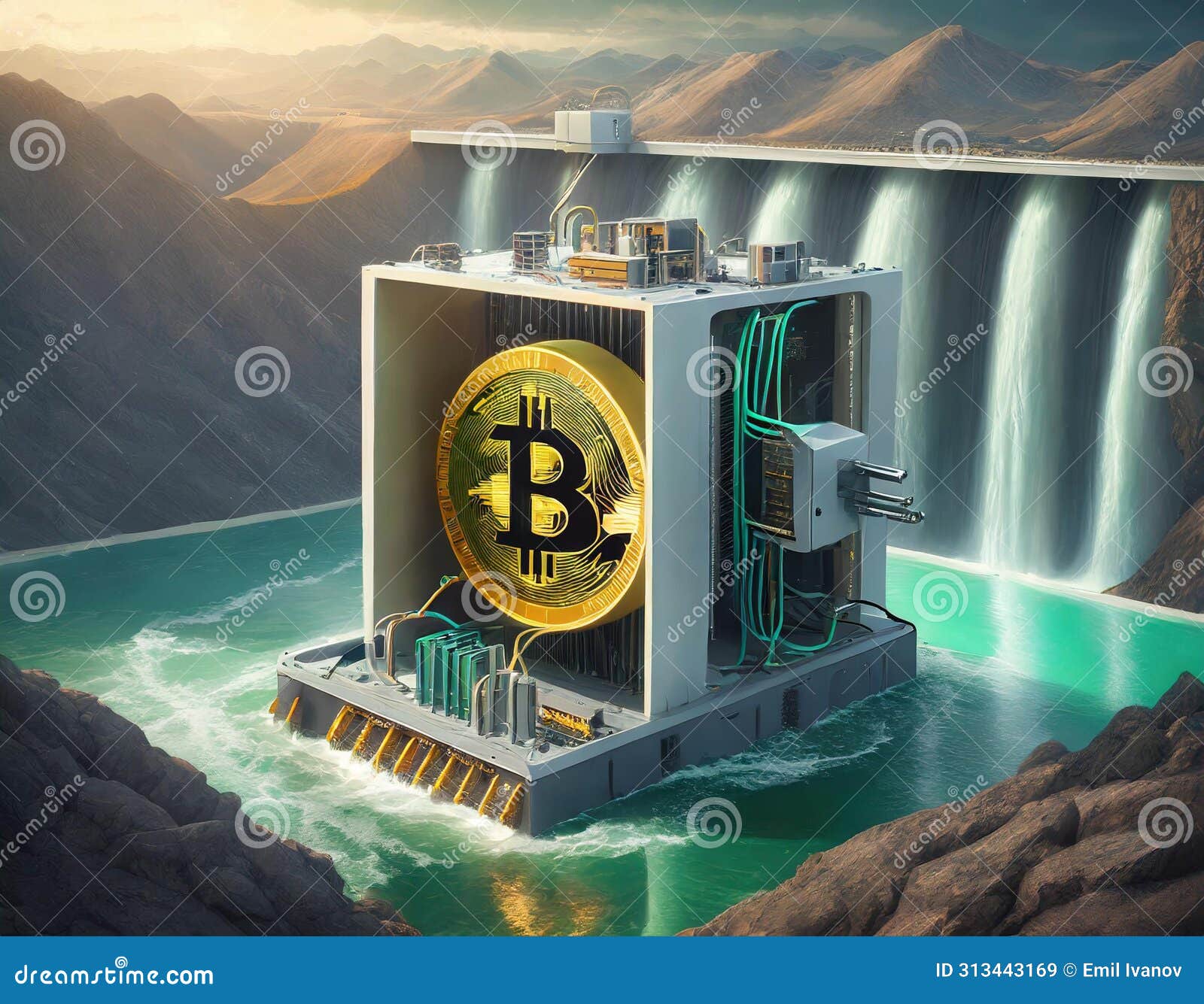Illustration of a Bitcoin Mining Rig Using Renewable Energy from a ...