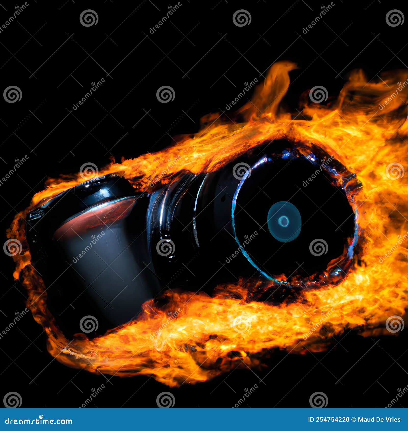 Black Camera Fallen into a Fire with Orange Flames and Black Background ...