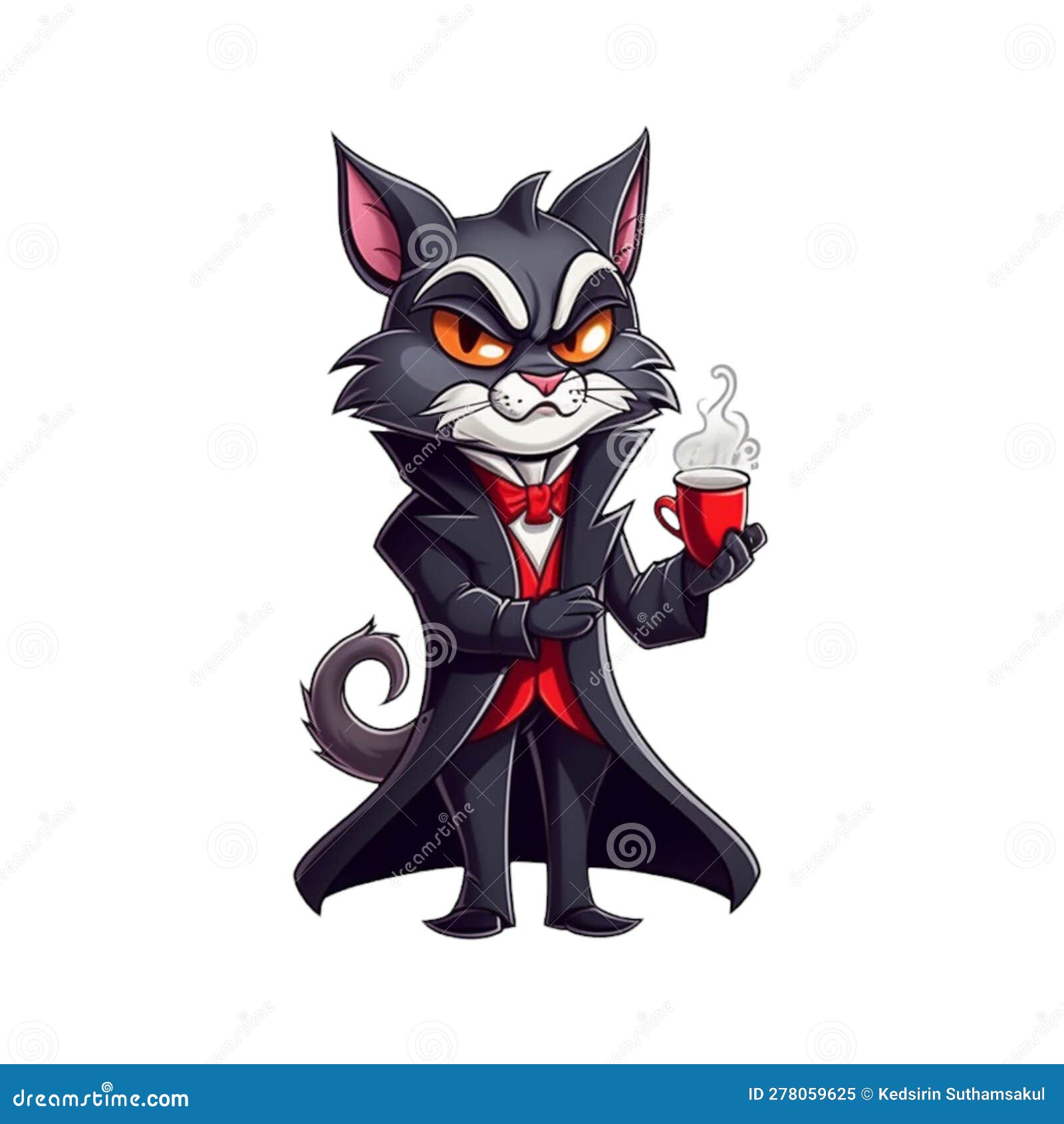 Illustration of a Black Cat Dressed As a Vampire with a Cup of Coffee ...