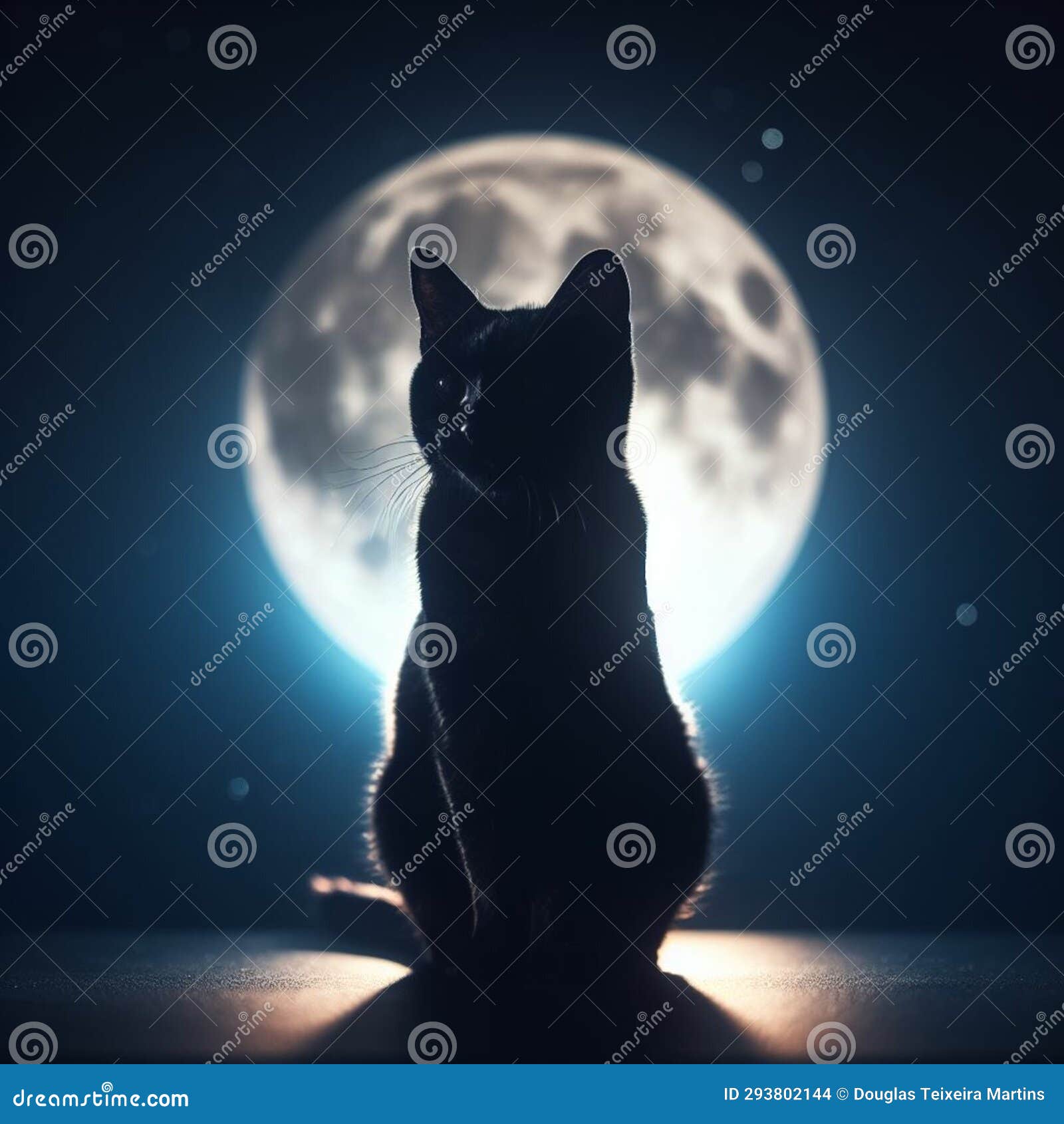 Illustration of a Black Cat in the Spotlight, in Front of a Full Moon ...