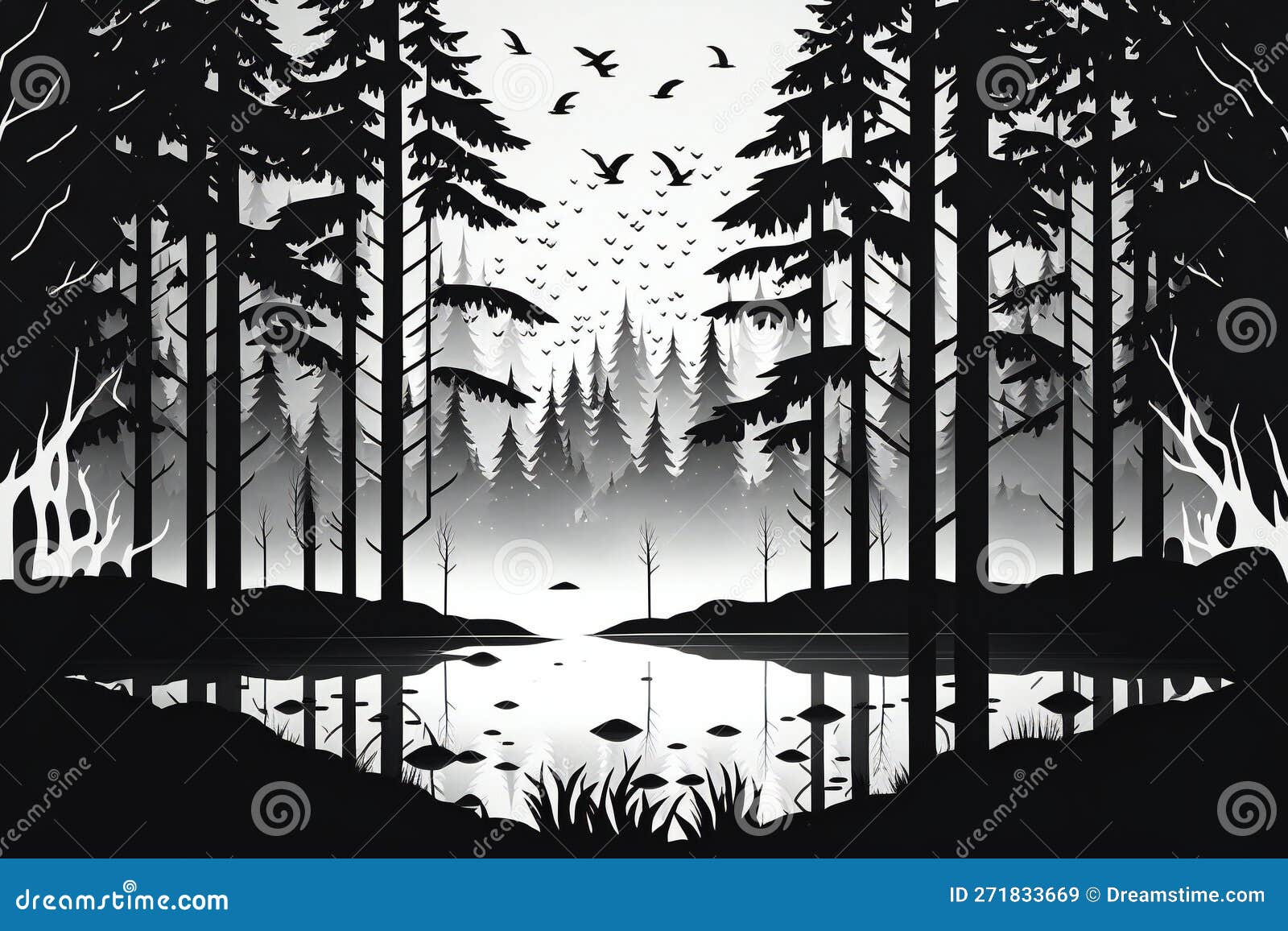 Black and White Forest Scene As Illustration, Nature, Forests Stock ...