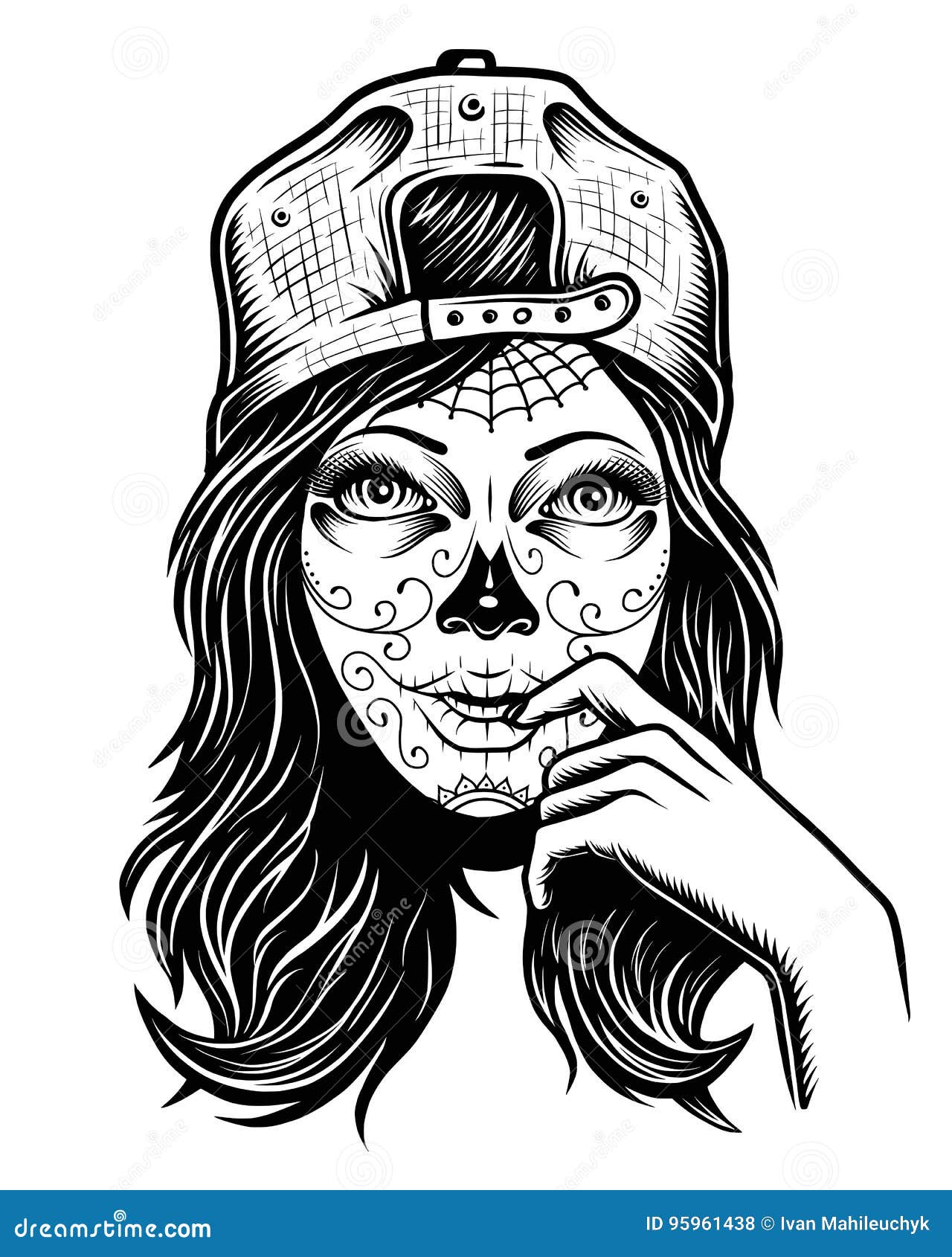 Illustration of Black and White Skull Girl with Cap on Head Stock ...