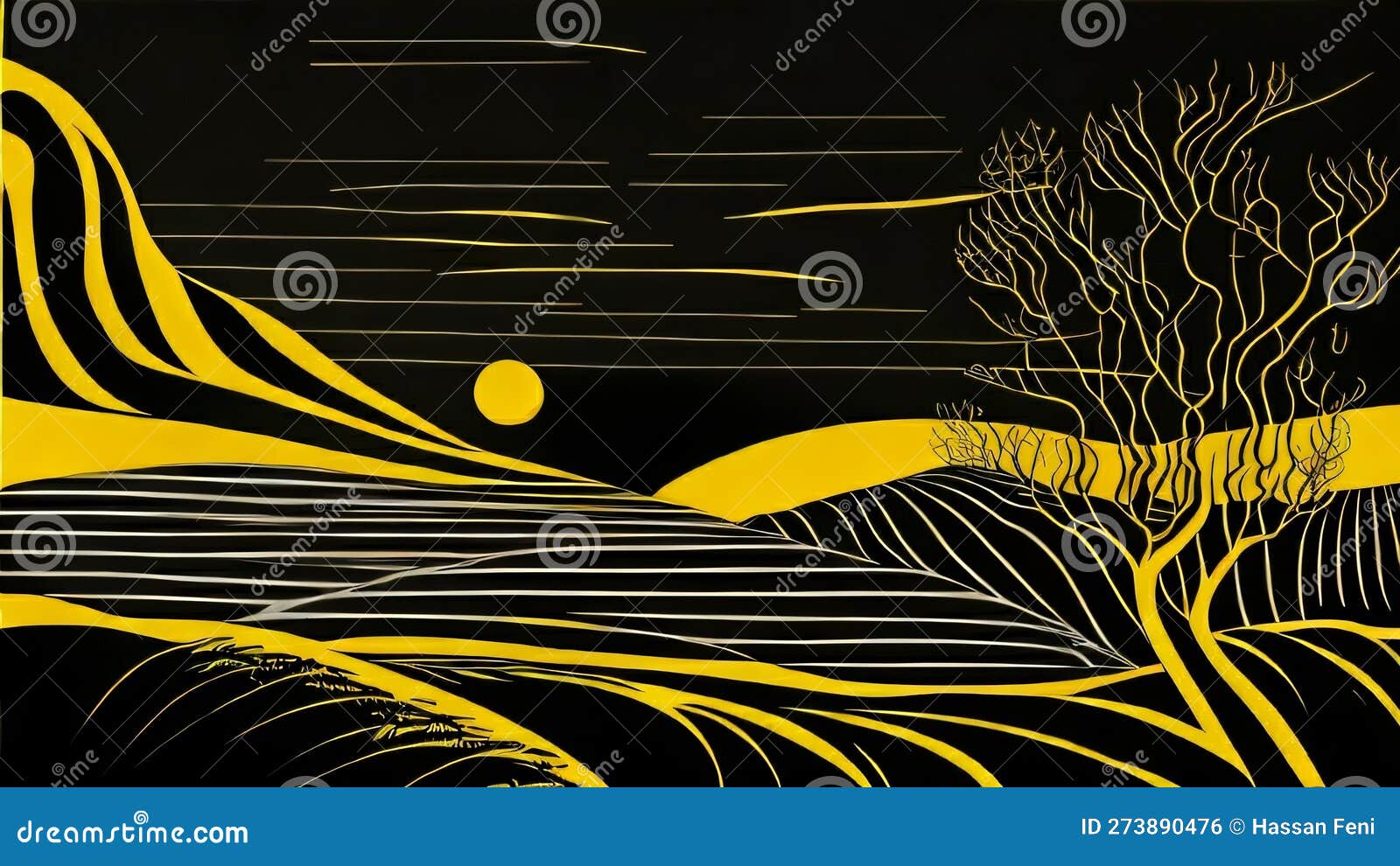Illustration of Black and Yellow Abstract Landscape with Sun and Trees ...