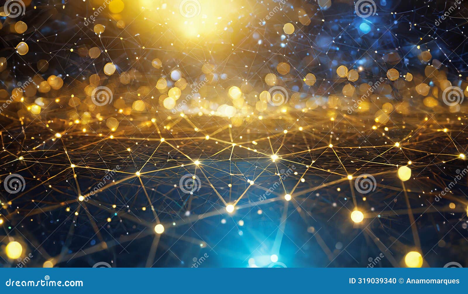 Blue Abstract Background with Glowing Golden Lights on a Network Grid ...
