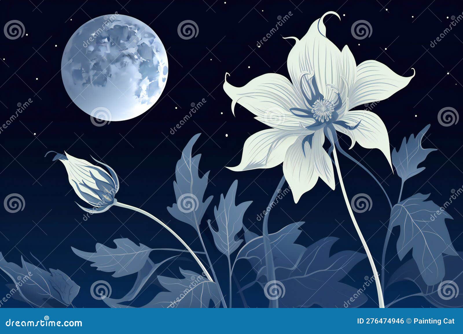 Illustration of a Blue Background with Flowers and a Full Moon Stock ...