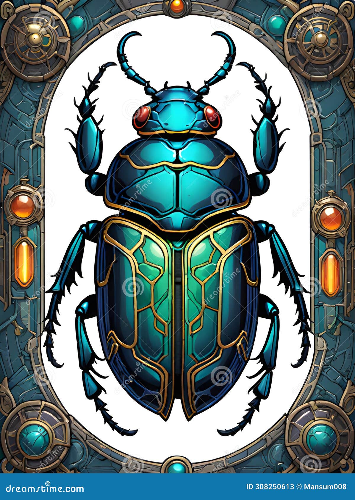 Illustration of a Blue Beetle with Gold Wings and a Gold Shield on a ...