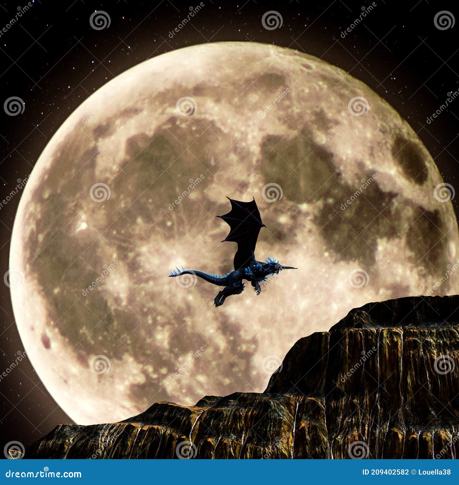 Illustration of a Blue Dragon Flying in Front of a Full Moon with ...