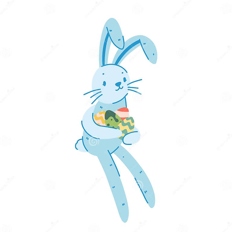 Illustration of a Blue Easter Bunny with Colored Easter Eggs in Its ...