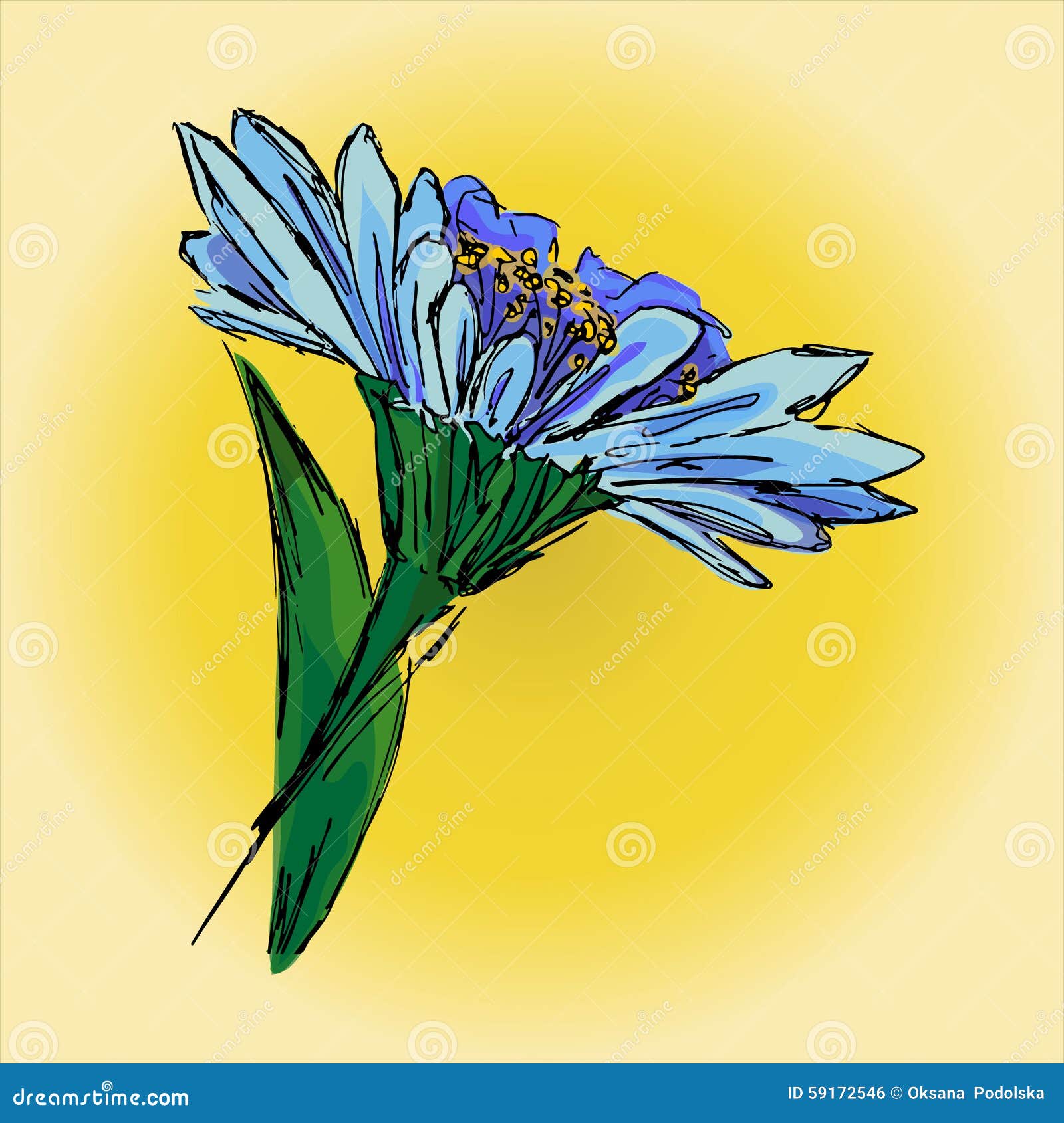 Illustration of a Blue Flower on a Yellow Background, Hand Drawi. Stock ...