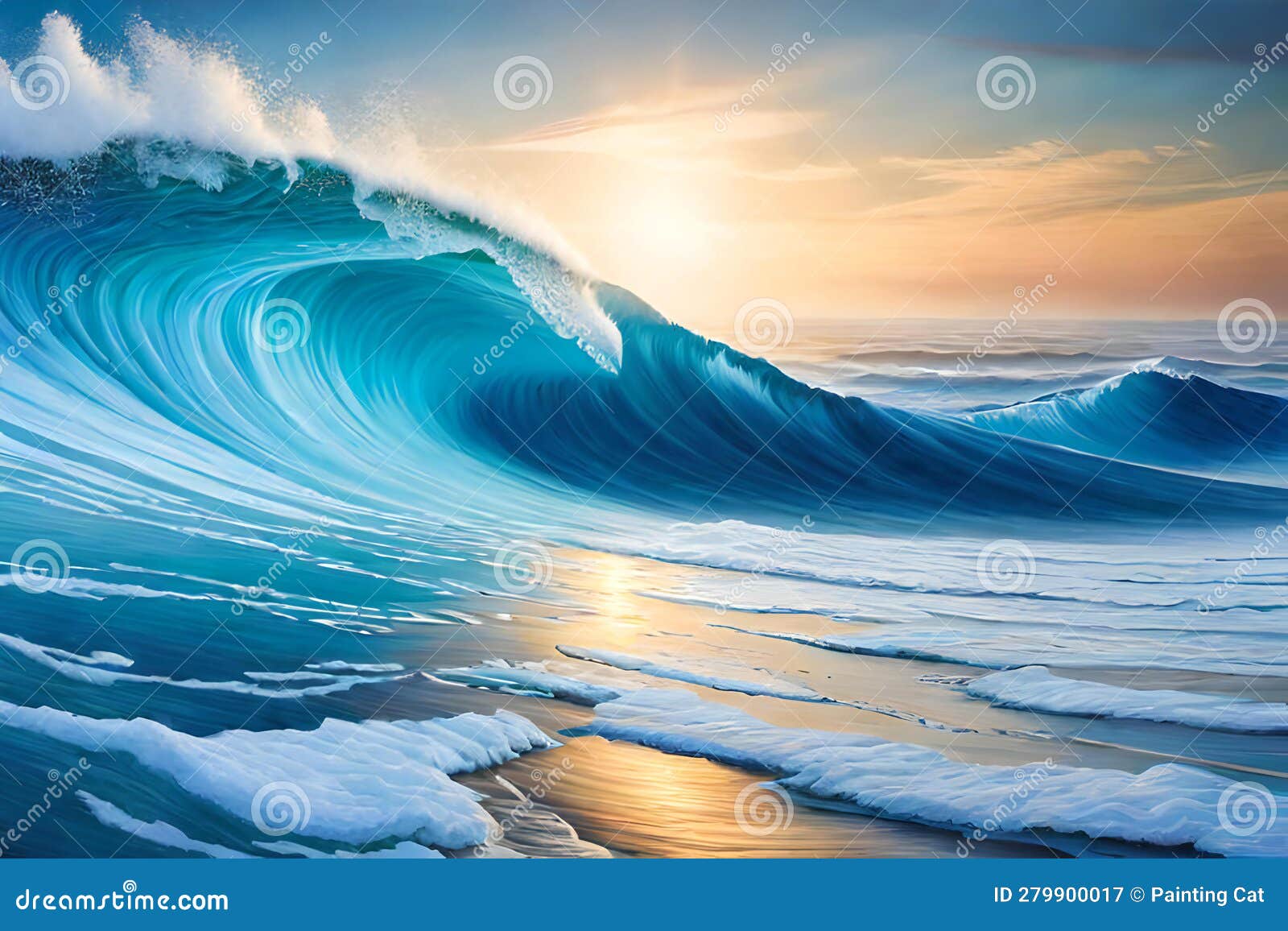 Blue ocean wave at sunset stock illustration. Illustration of nature ...