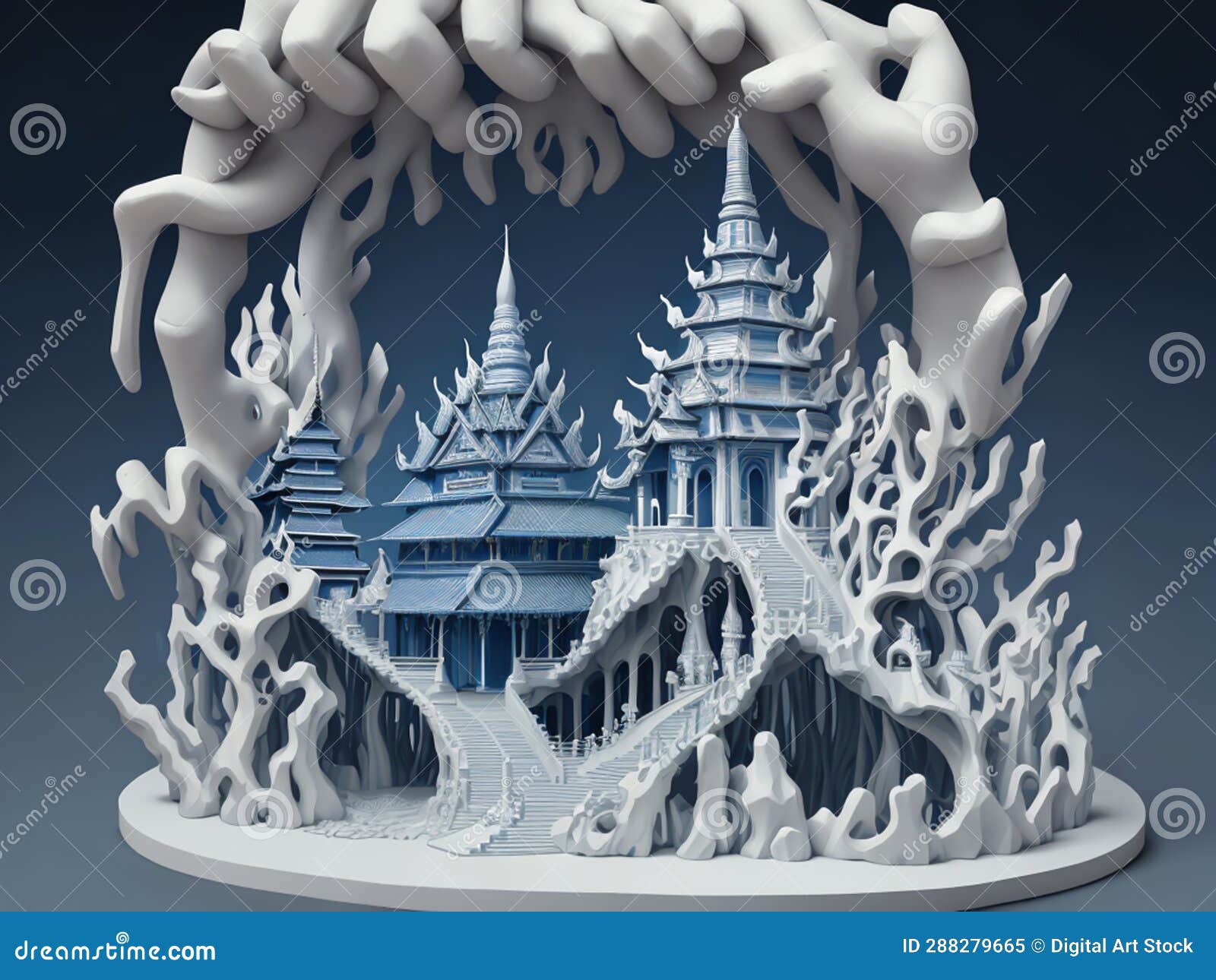 Illustration of a Blue Thai Temple Model with a Beautiful White Border ...