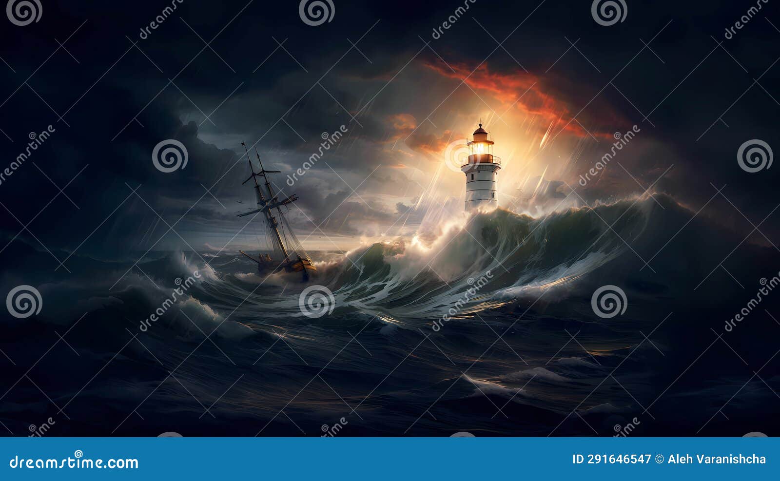 Illustration of a Boat Sailing Towards the Lighthouse during a Storm ...