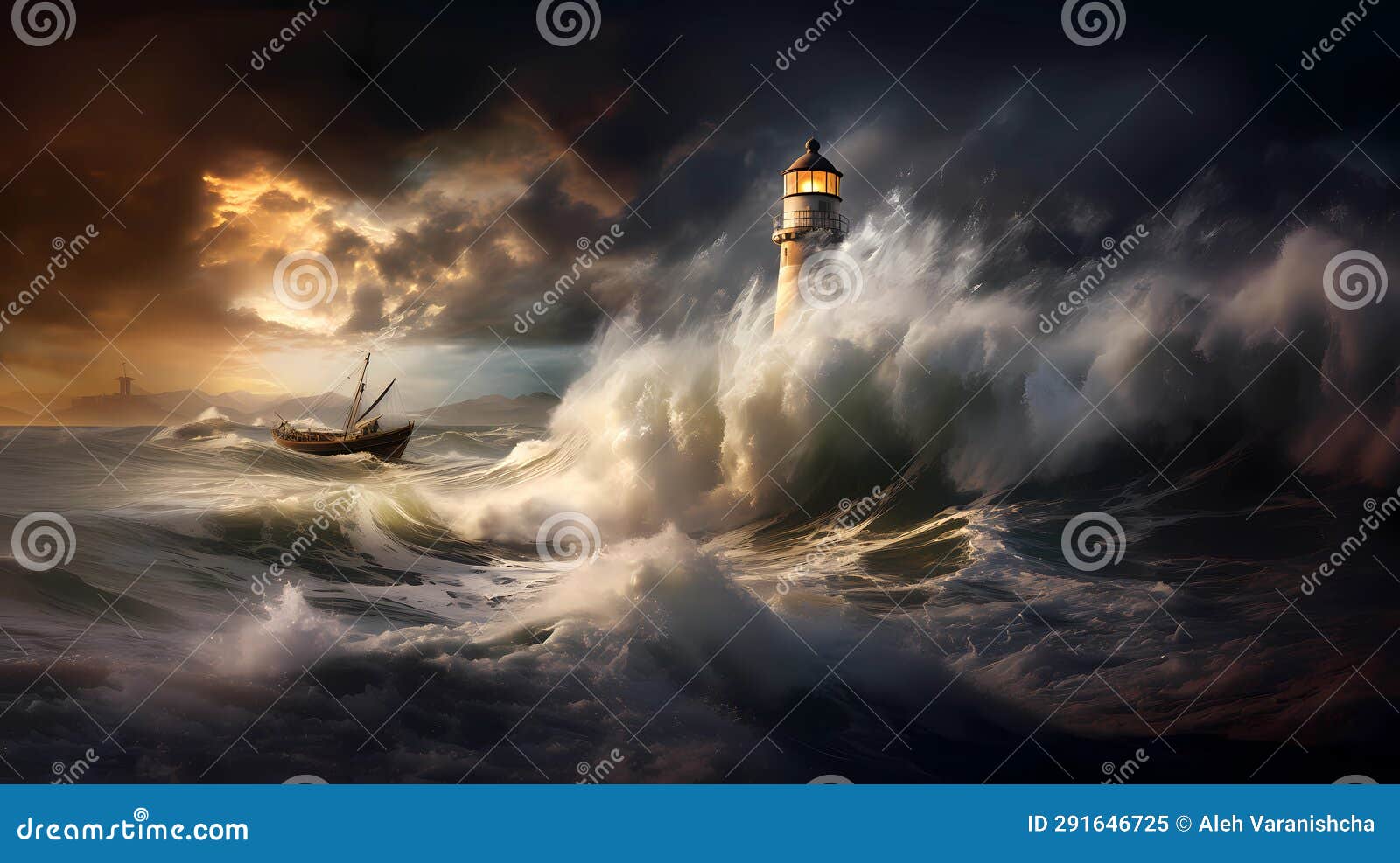 Illustration of a Boat Sailing Towards the Lighthouse during a Storm ...