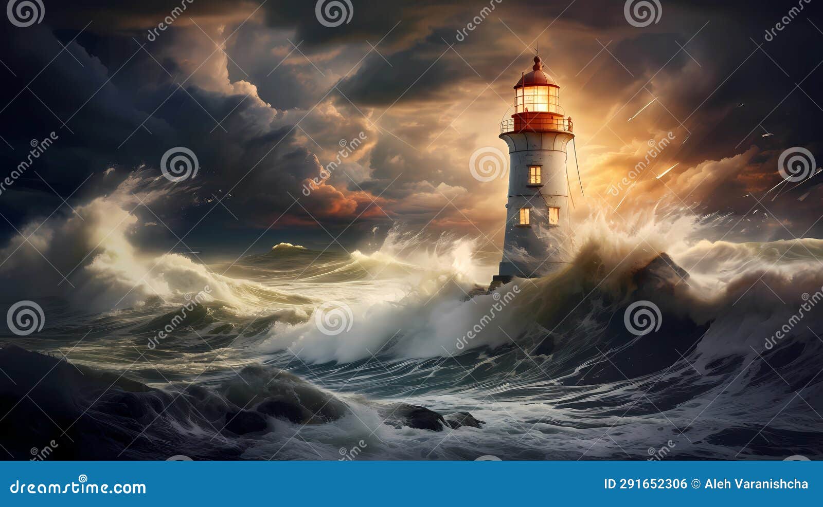 Illustration of a Boat Sailing Towards the Lighthouse during a Storm ...