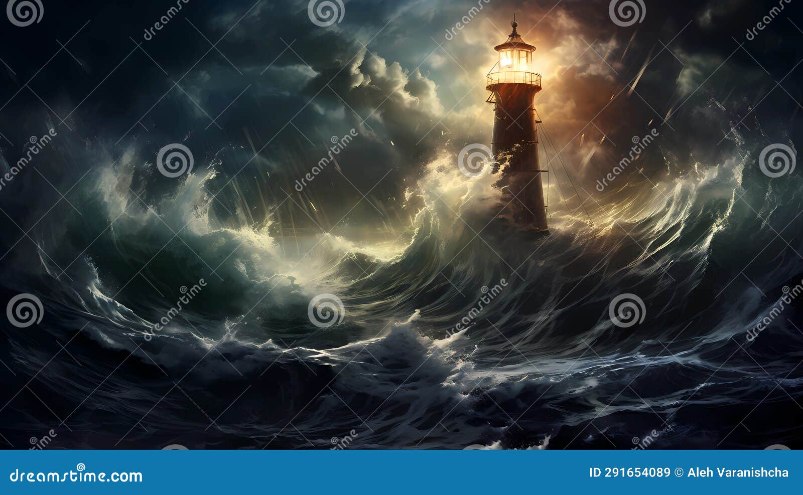 Illustration of a Boat Sailing Towards the Lighthouse during a Storm ...