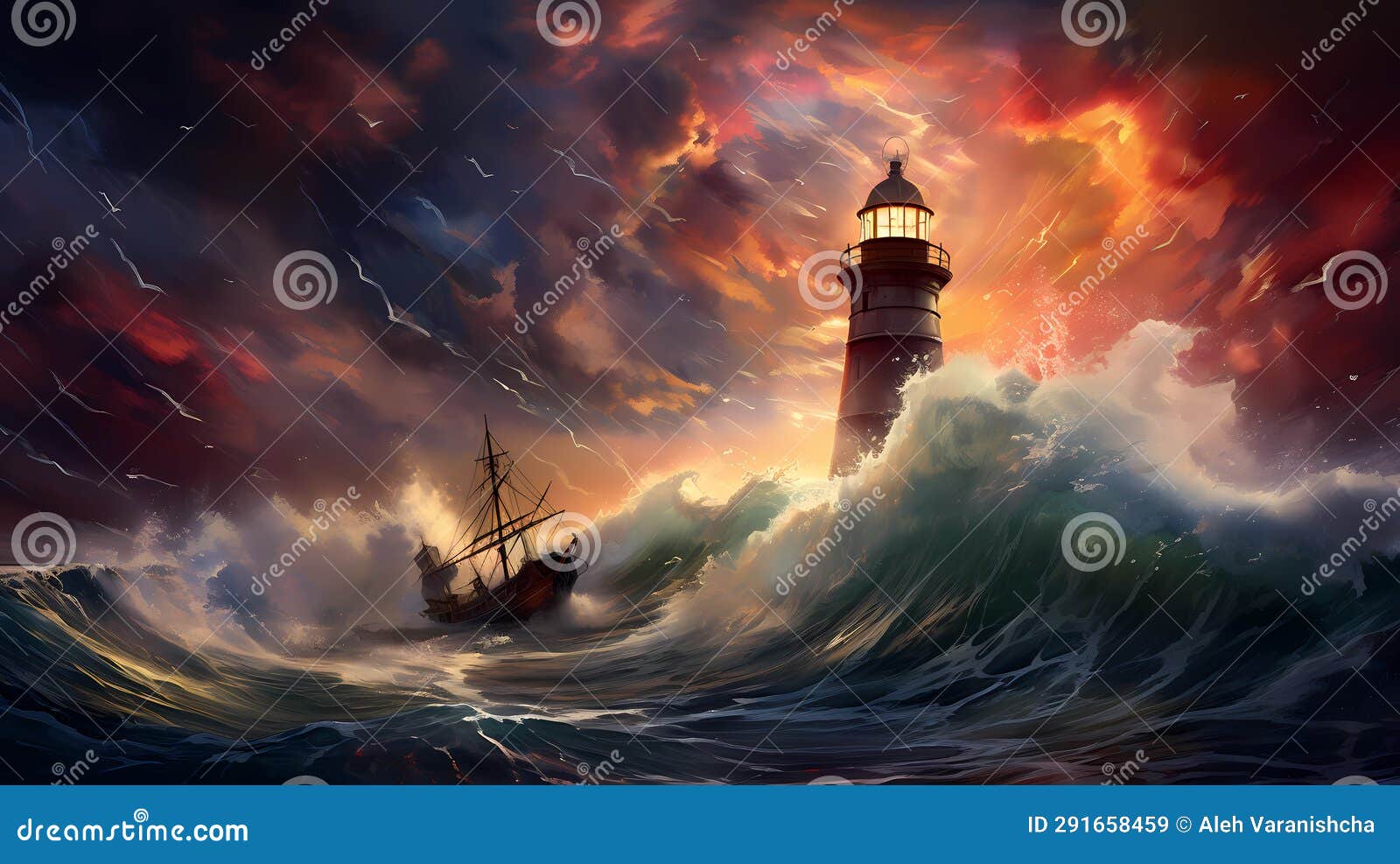 Illustration of a Boat Sailing Towards the Lighthouse during a Storm ...