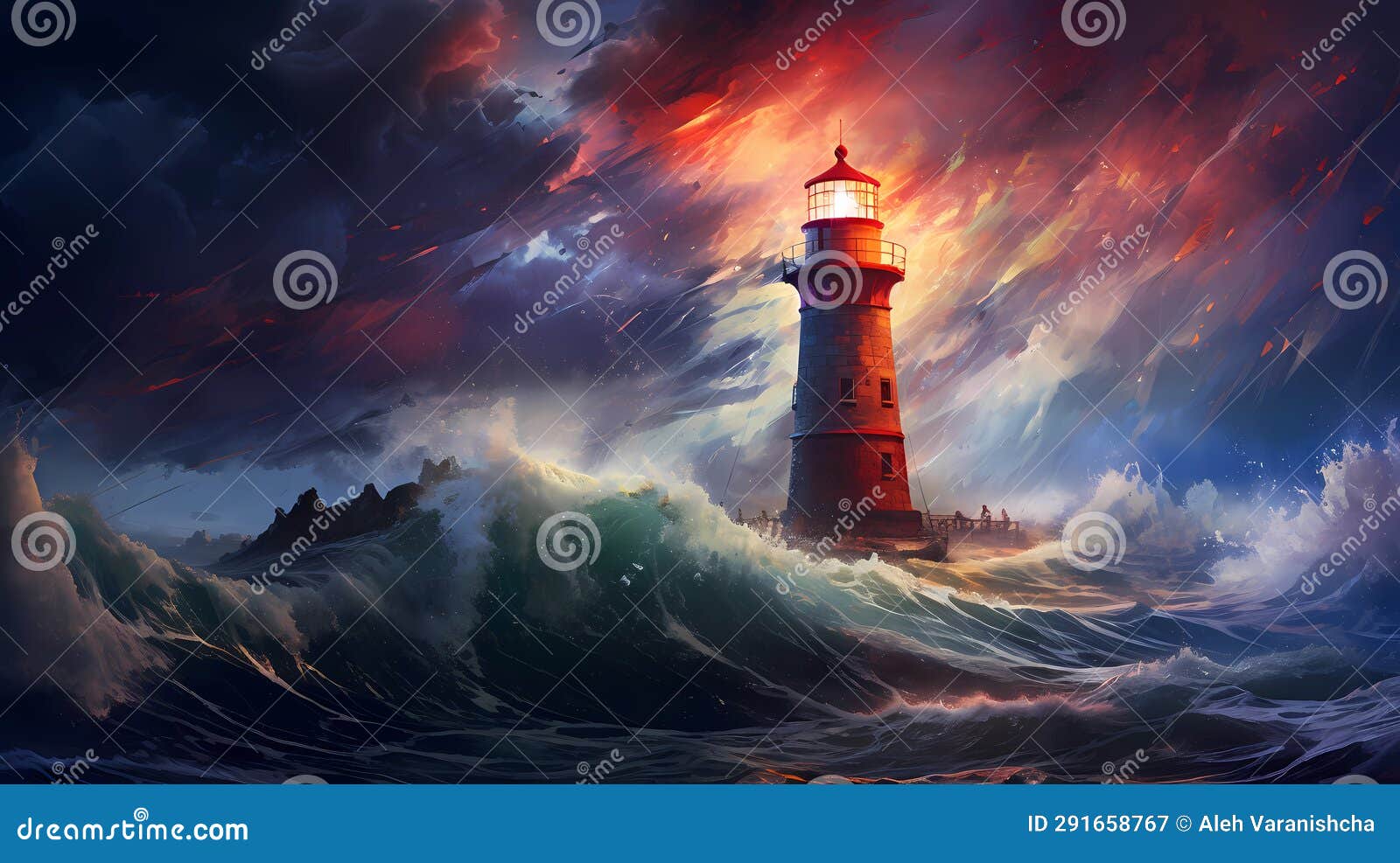 Illustration of a Boat Sailing Towards the Lighthouse during a Storm ...