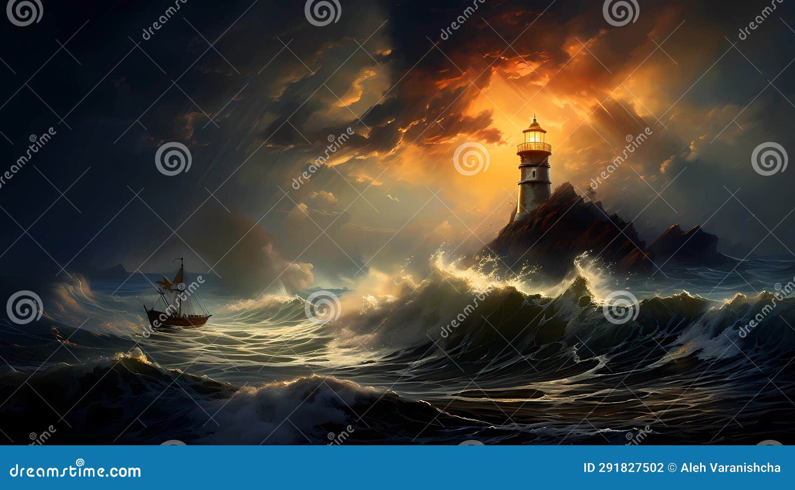Illustration of a Boat Sailing Towards the Lighthouse during a Storm ...