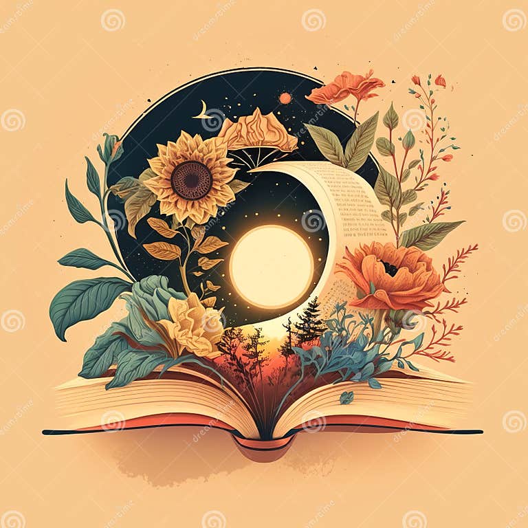 Illustration of a Book with Moon and Flowers. Vector Illustration Stock ...