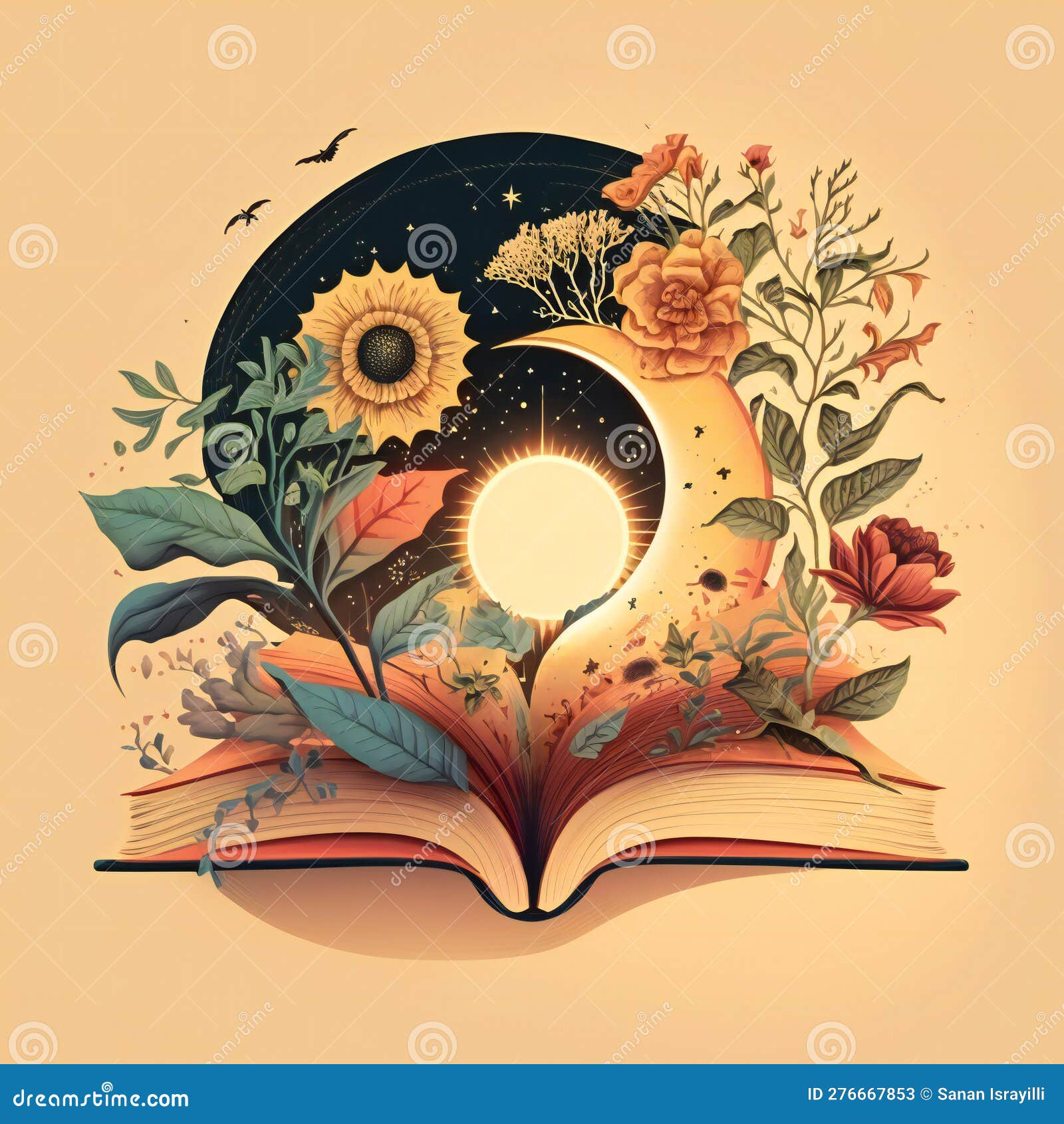 Illustration of a Book with Moon and Flowers. Vector Illustration Stock ...