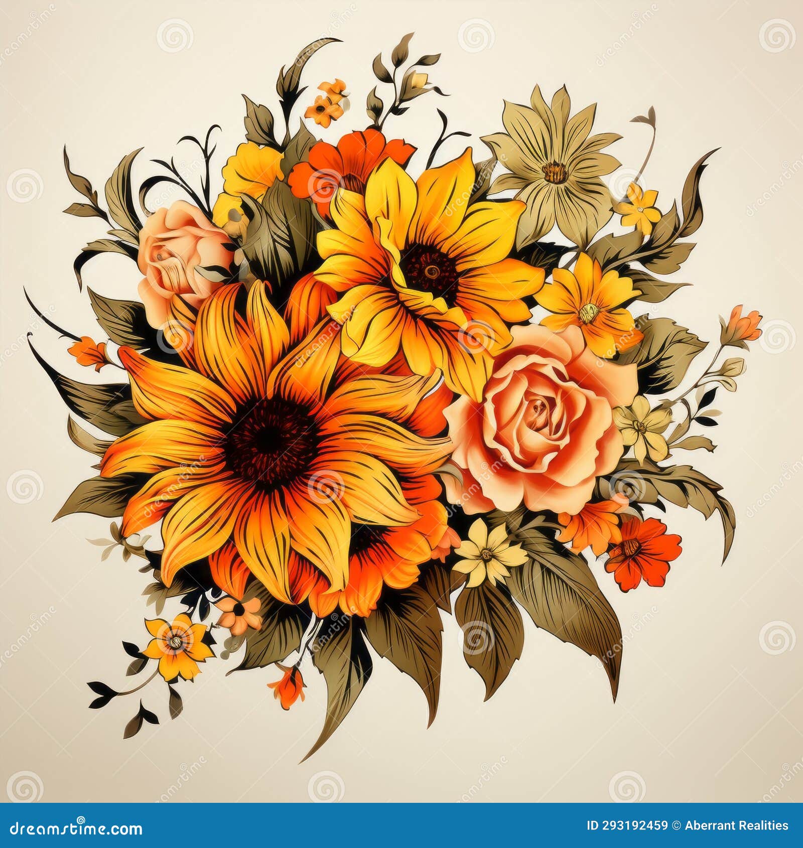An Illustration of a Bouquet of Sunflowers and Roses Stock Illustration ...