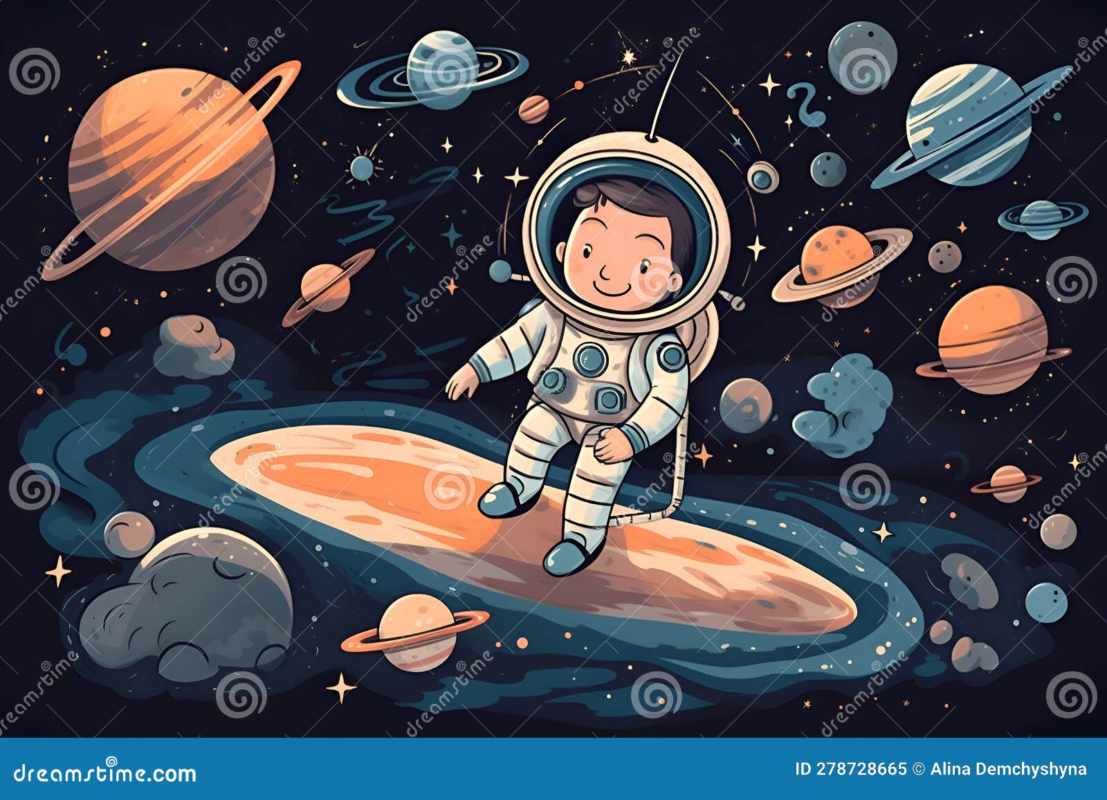Illustration of a Boy Astronaut in a Space Suit in Space among Planets ...