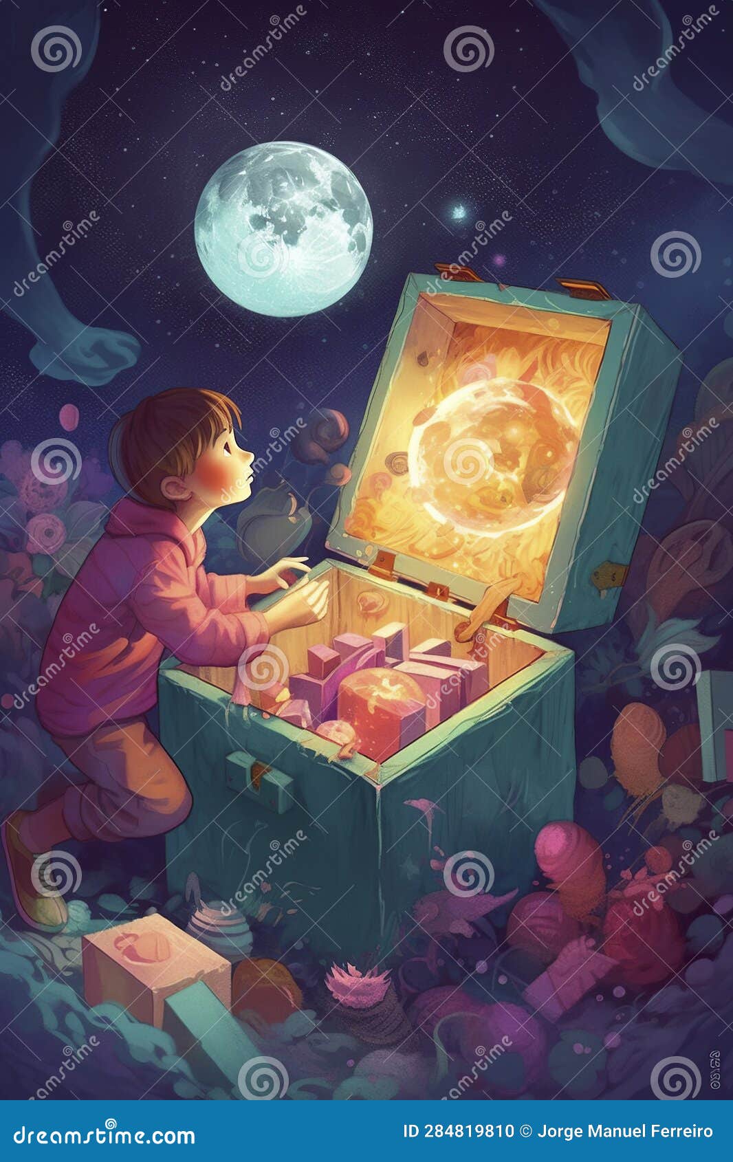 Illustration, the Boy Opening a Box and Looking, Ai Generative Stock ...