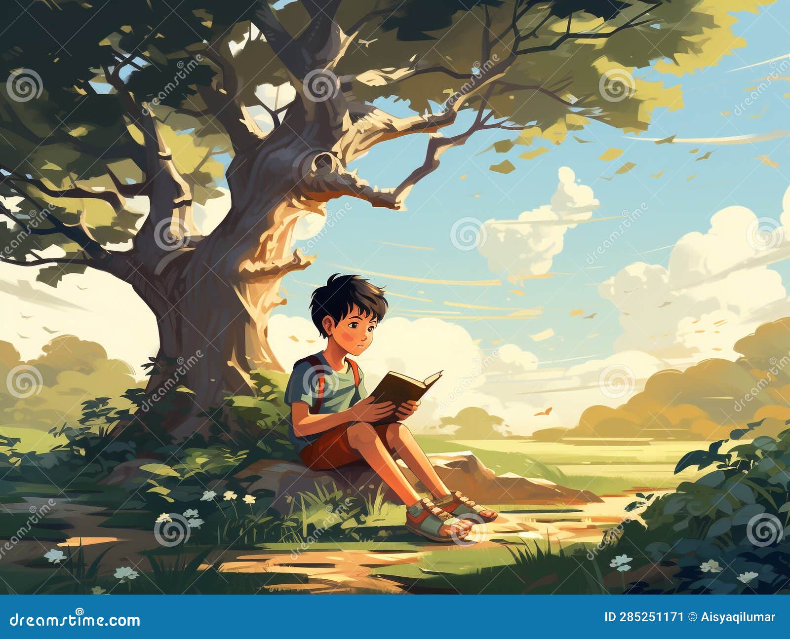 An Illustration of a Boy Reading a Book Under the Shade of a Shady Tree ...