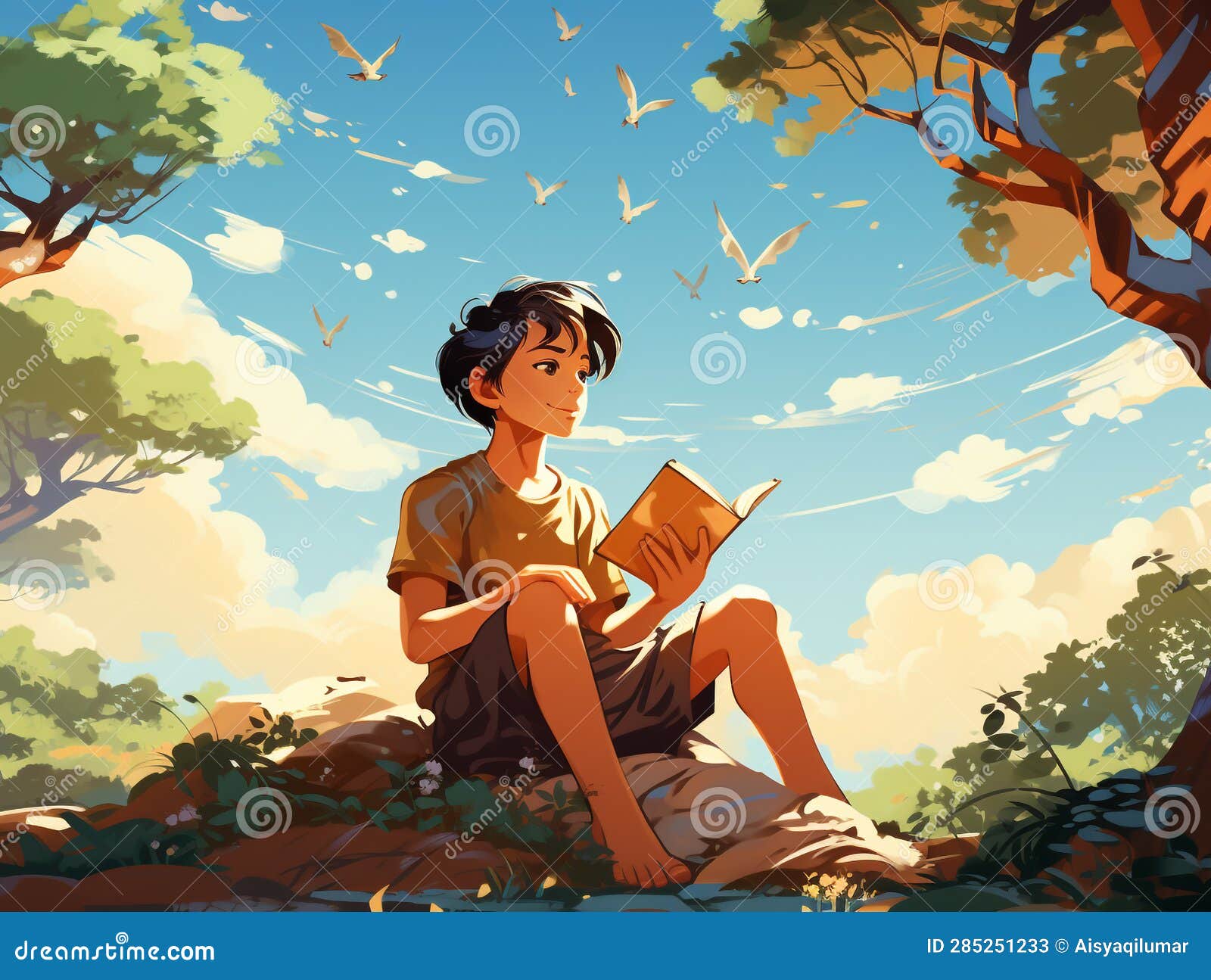 An Illustration of a Boy Reading a Book Under the Shade of a Shady Tree ...