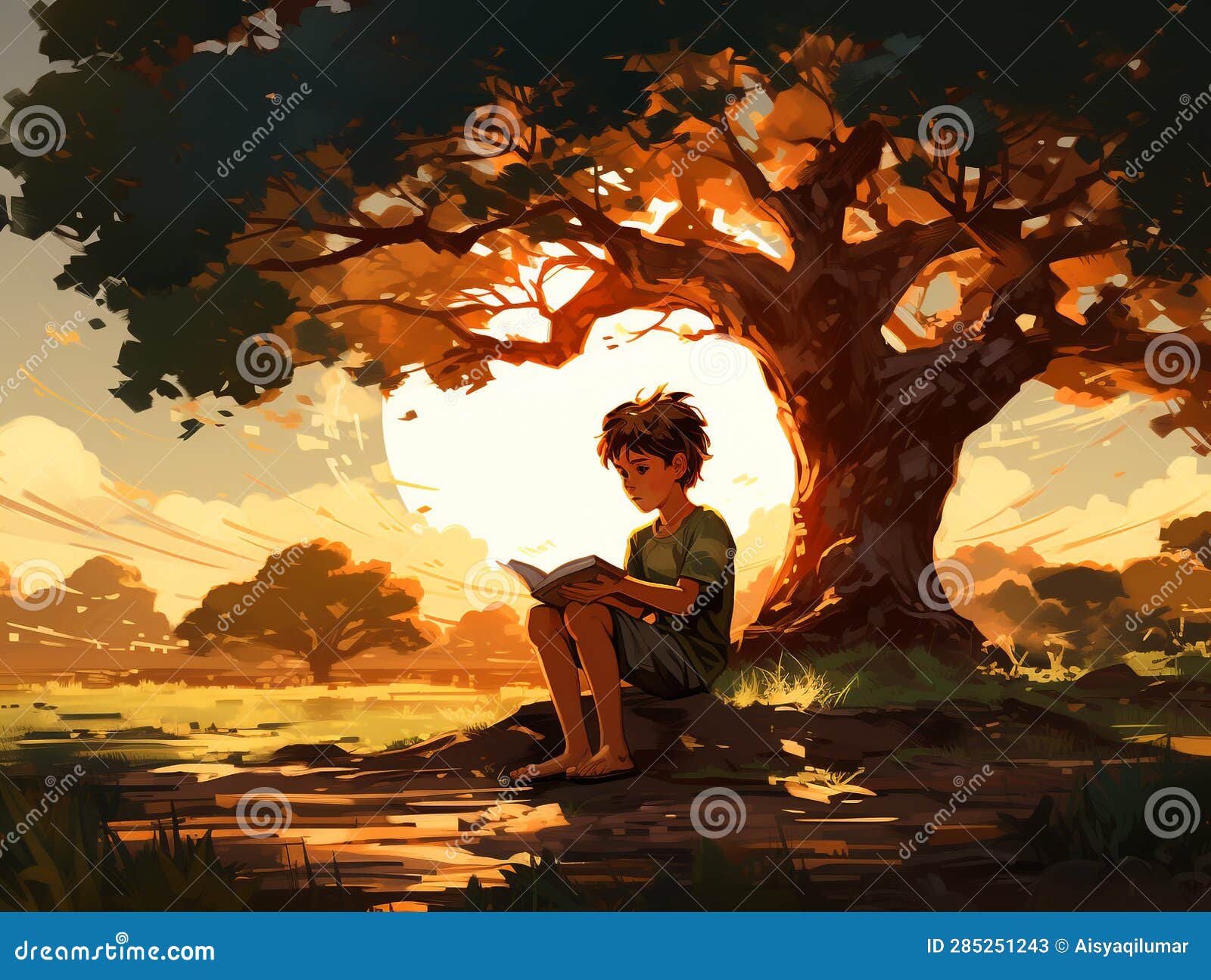 An Illustration of a Boy Reading a Book Under the Shade of a Shady Tree ...