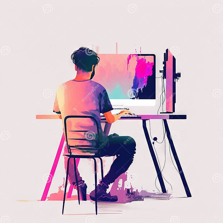 Illustration of a Boy Working on the Computer Stock Illustration ...