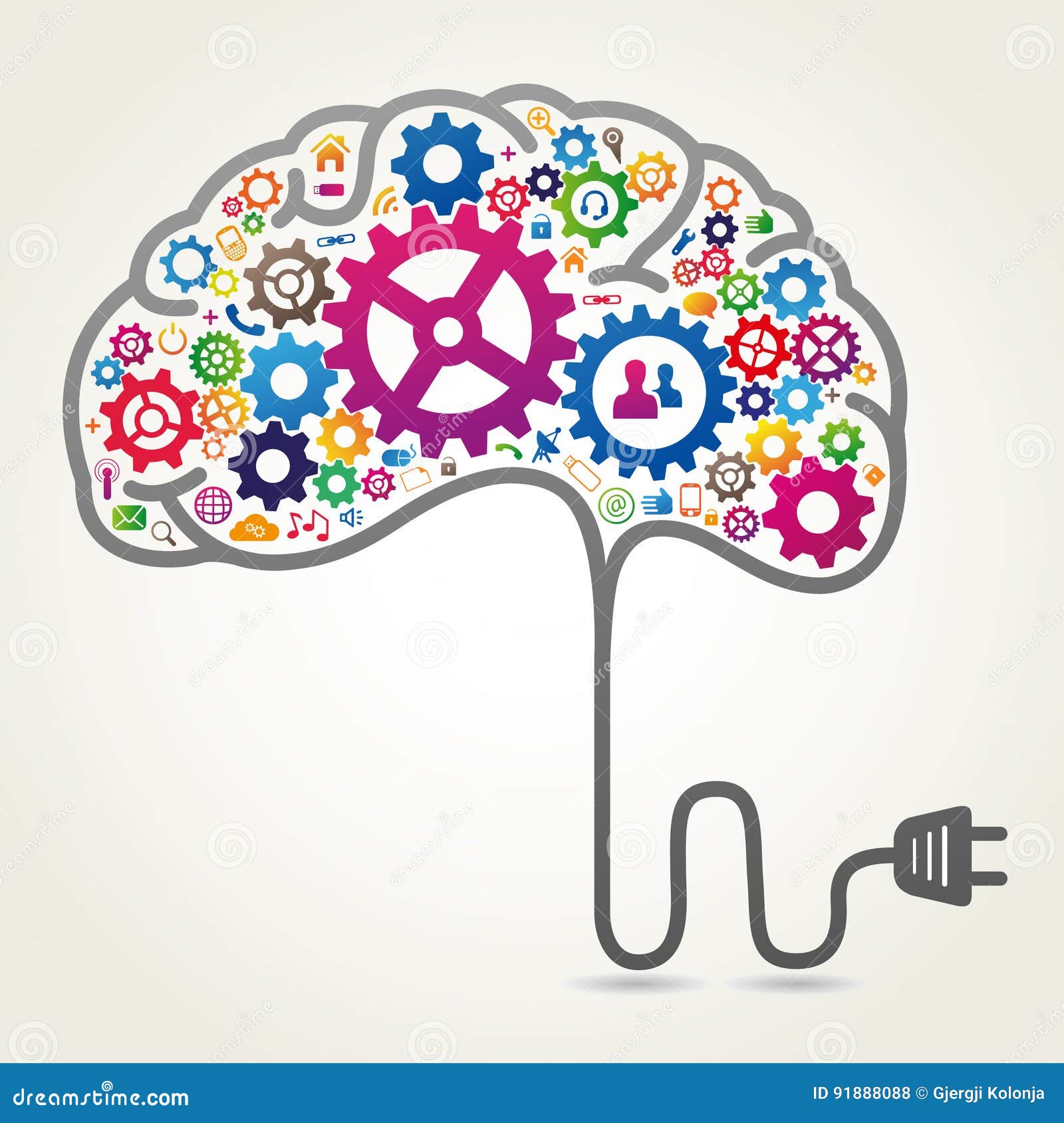Brain Image with Gears and Web Icons Stock Illustration - Illustration ...