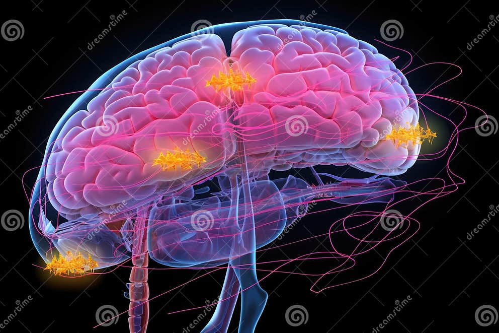 Illustration of Brain with Highlighted Neuromodulation Areas Stock ...