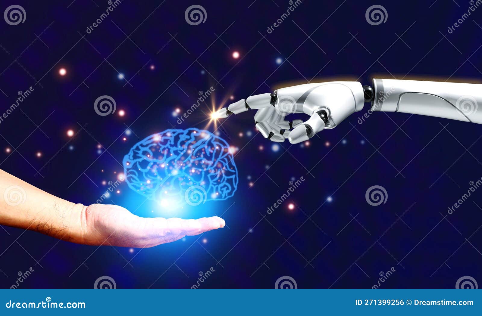 Illustration Brain on Human Hand with 3D Robotic Hand . AI Enhances and ...