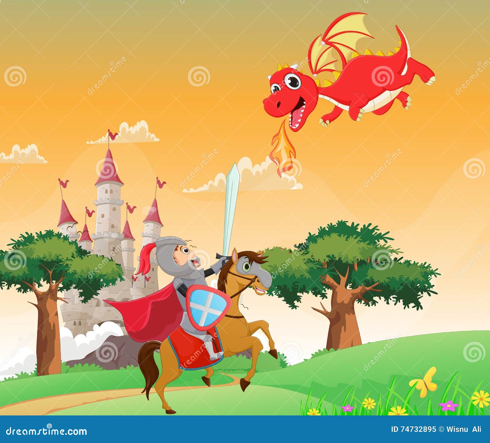 Illustration of Brave Knight Fighting with a Dragon Stock Vector ...