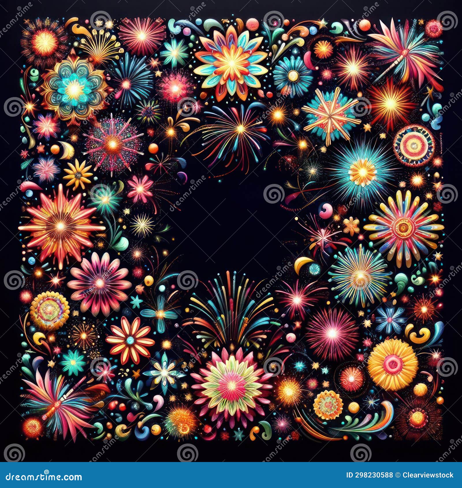 Illustration of Bright and Colorful Fireworks Making a Border or Frame ...