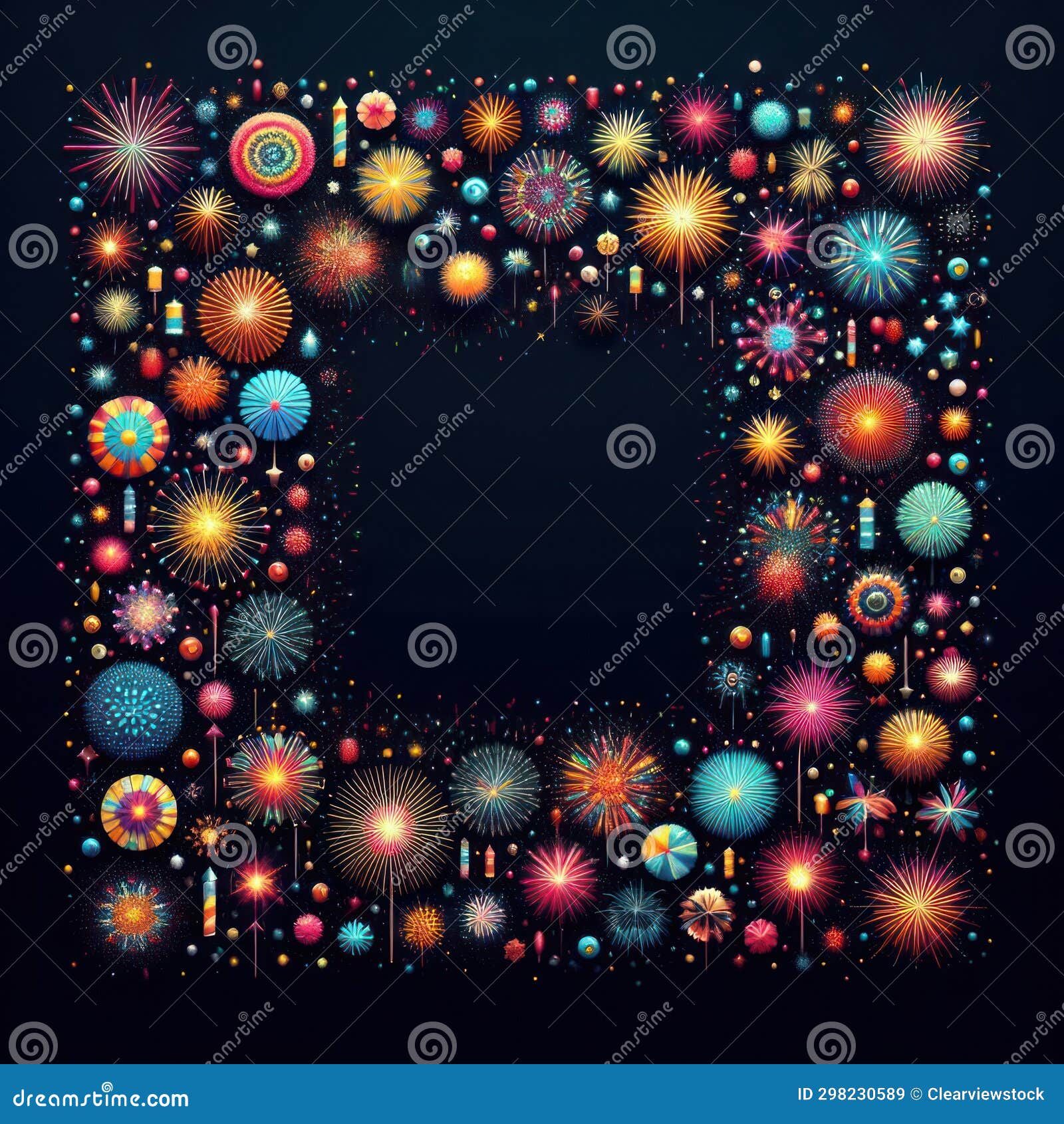 Illustration of Bright and Colorful Fireworks Making a Border or Frame ...