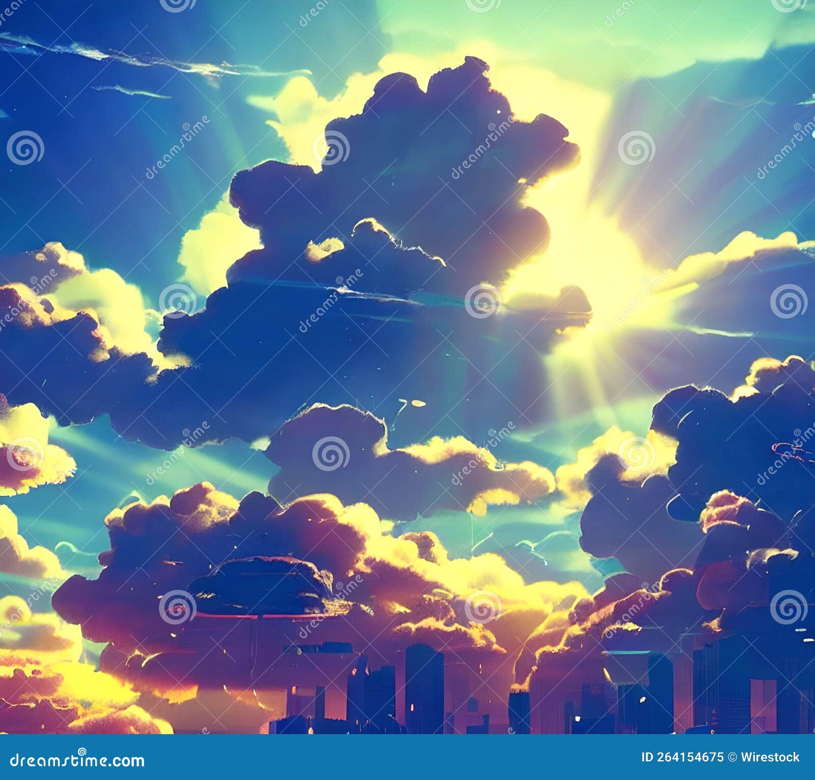 Illustration of Bright Sun and Clouds Over a City Stock Illustration ...