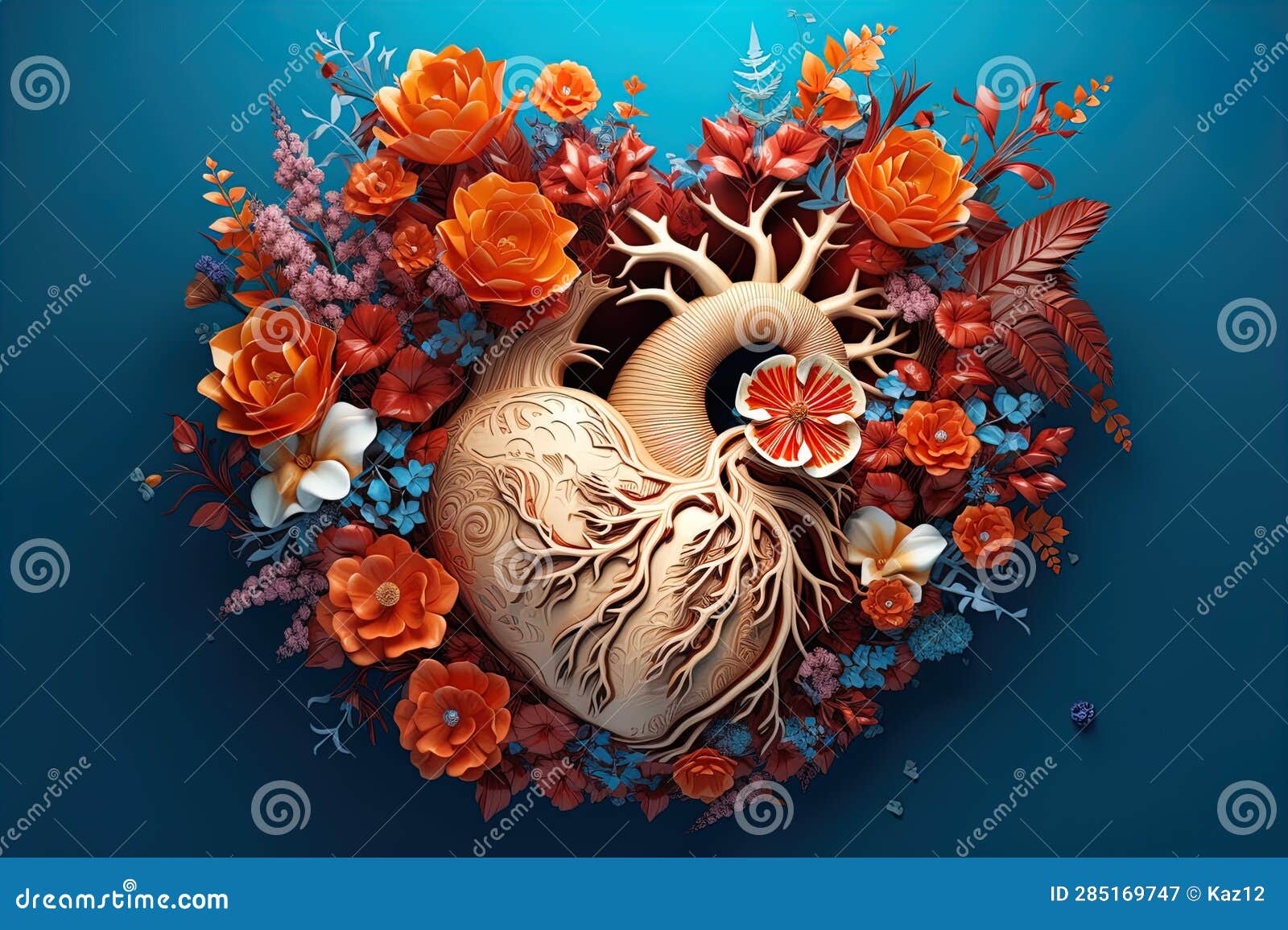 Illustration of a Bronze Heart with Flowers and Branches Stock ...