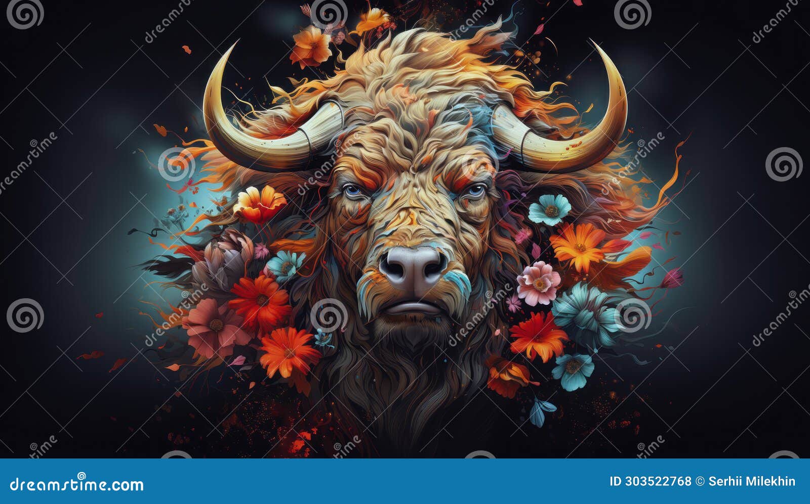 Illustration of a Buffalo Head with Creative Colorful Floral Elements ...