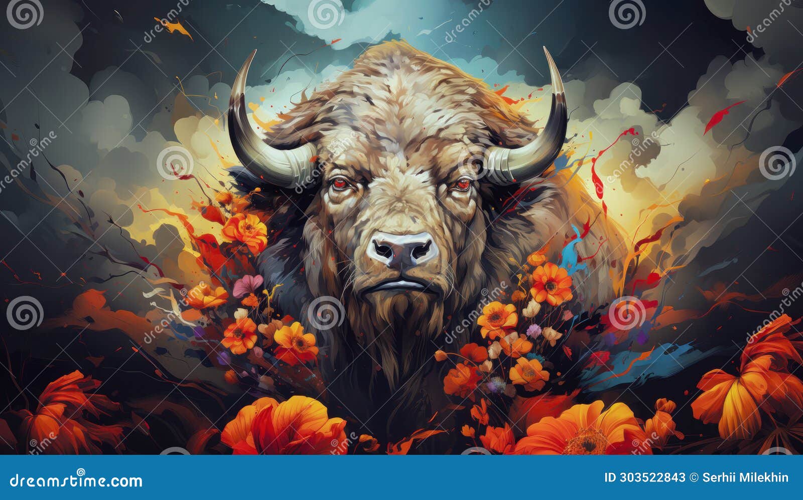 Illustration of a Buffalo Head with Creative Colorful Floral Elements ...