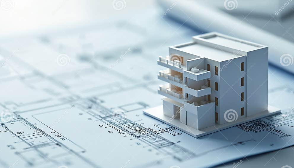 Illustration of Building Model on Architectural Construction Blueprints ...
