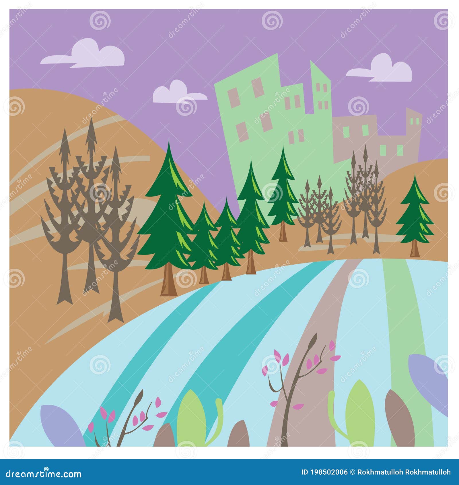 Illustration of Building and Tree View with Colorful Vector Design ...