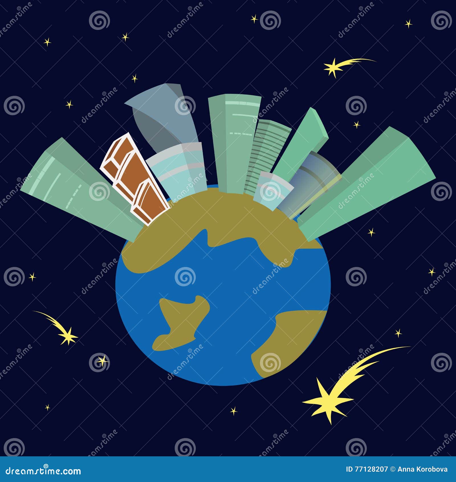 Illustration of Buildings and Planet. Stock Vector - Illustration of ...