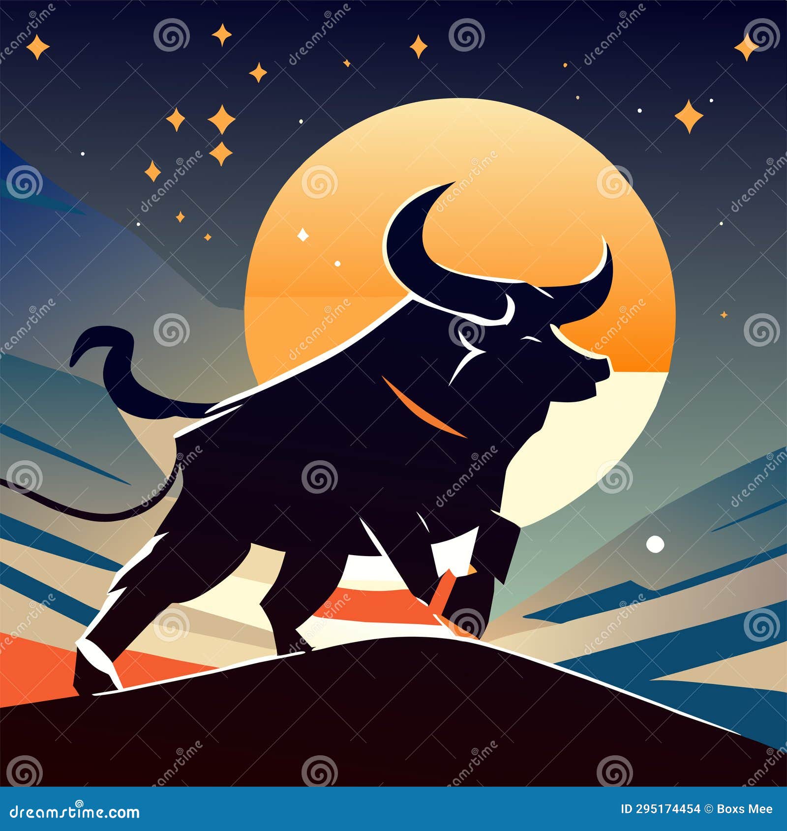 Illustration of Bull in the Field at Night. Vector Illustration Stock ...